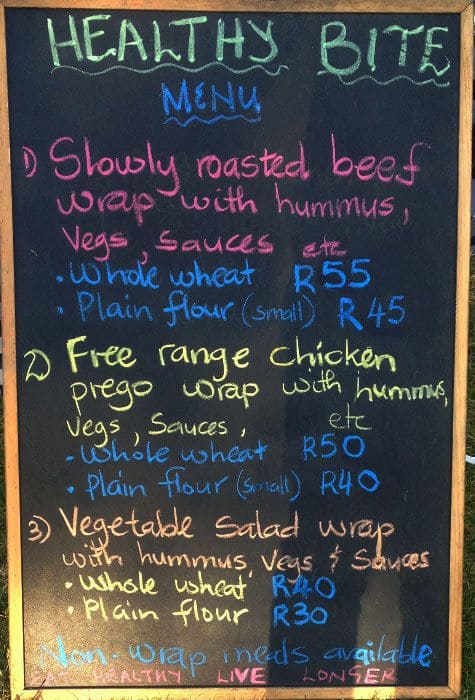 Menu at Healthy Bite, Cape Town