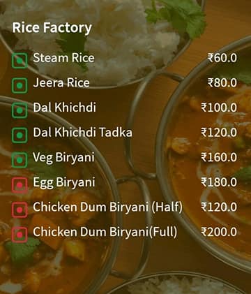 Menu of Rice Factory, Dhankawadi, Pune