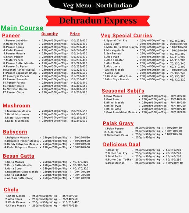 Menu at Dehradun Express, Jaipur