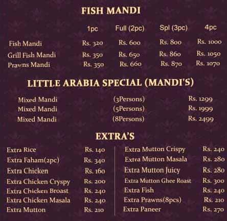 Menu at Little Arabia Mandi, Hyderabad