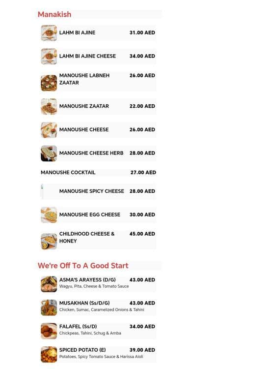 Menu of Asma, Al Khawaneej, Dubai