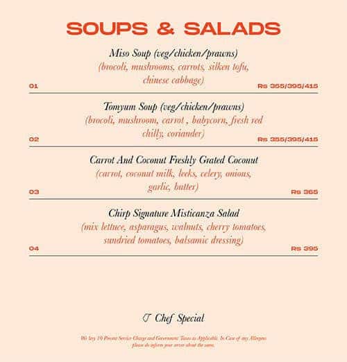 Menu of Chirp, Gachibowli, Hyderabad