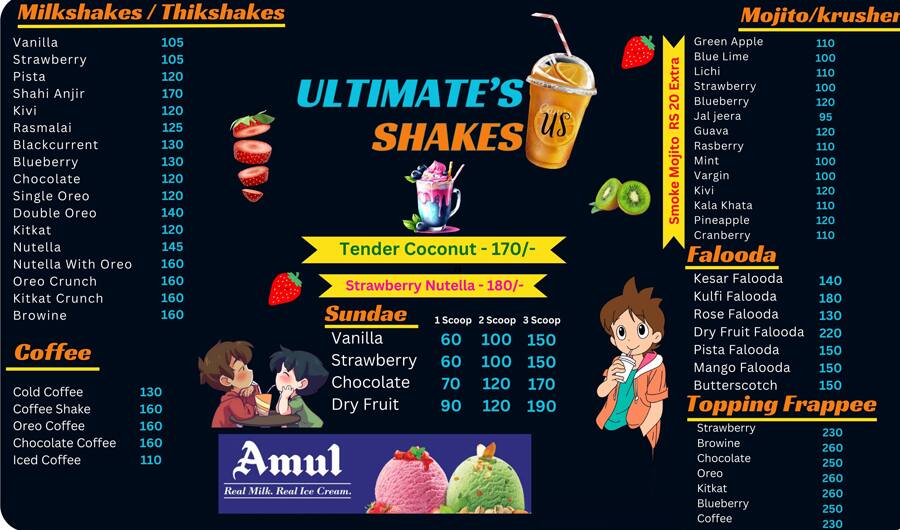 Menu of Ultimate's Shakes, Prabhadevi, Mumbai