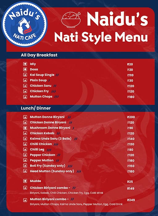 Menu of Naidu's Nati Cafe, Vasanth Nagar, Bangalore