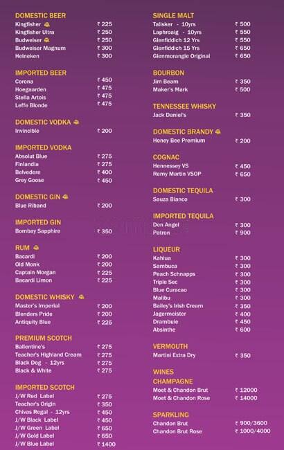 Menu at Ground Zero, Mumbai