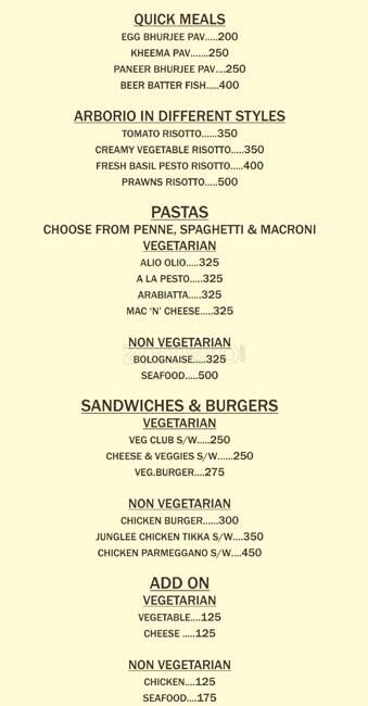 Menu at Ground Zero, Mumbai