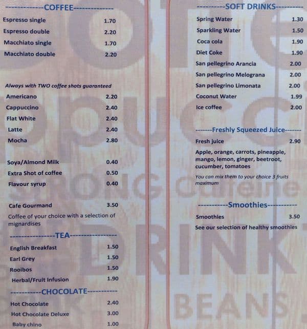 Menu at Blue Mountain cafe, London