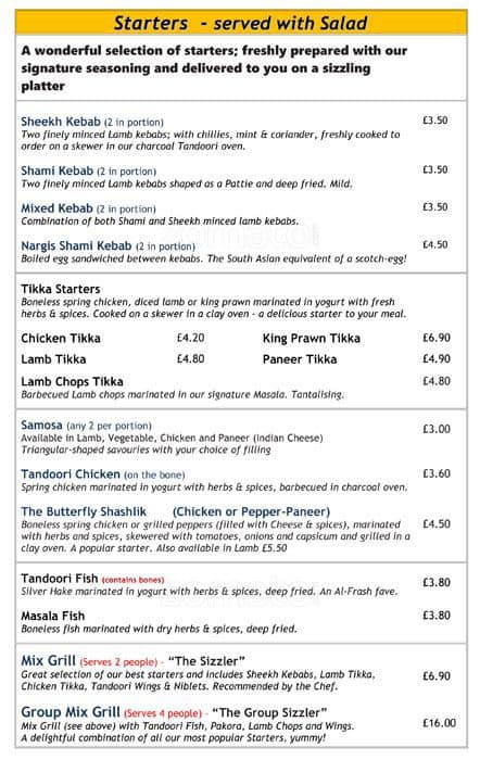Menu at Al Frash Balti restaurant, Birmingham