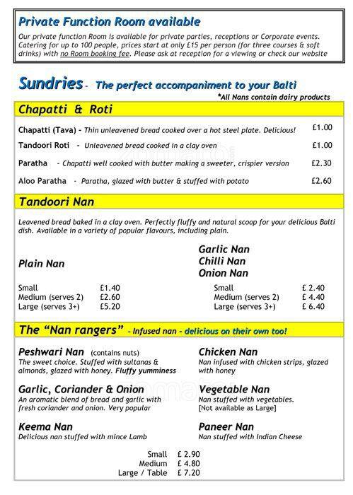 Menu at Al Frash Balti restaurant, Birmingham