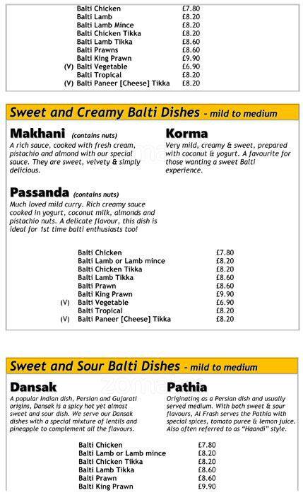 Menu at Al Frash Balti restaurant, Birmingham