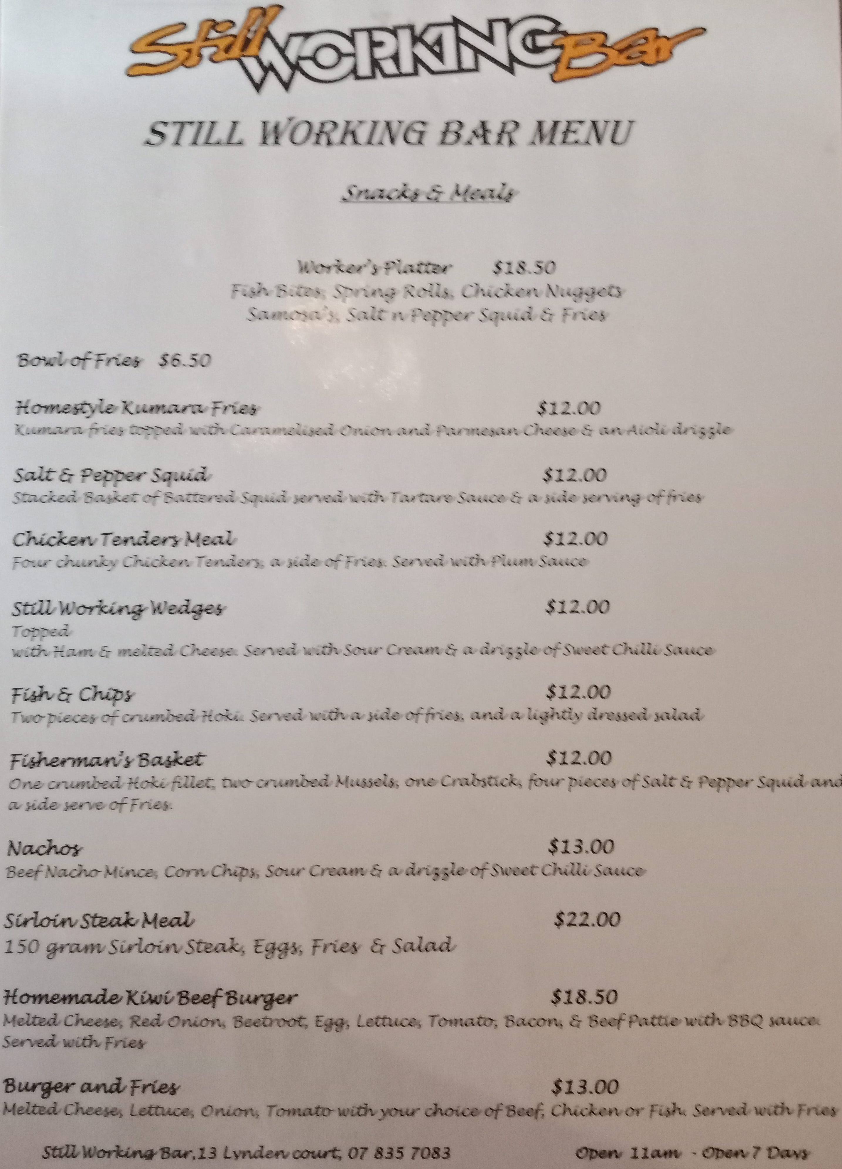 Menu at Still Working Bar - Manuka, New Zealand