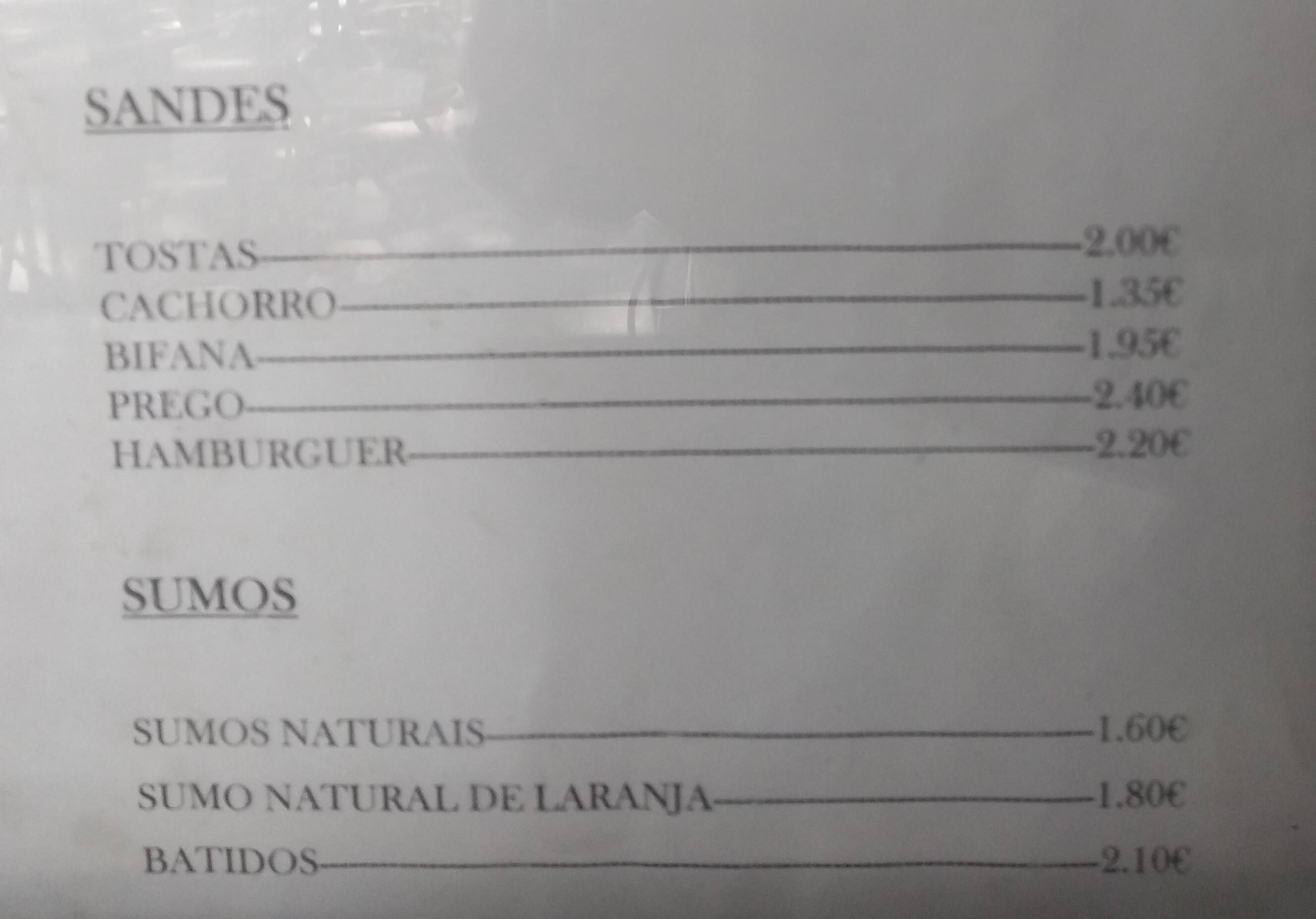 Menu at Lisbonne Caffé cafeteria, Lisbon