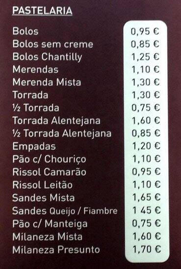 Menu at Lisbonne Caffé cafeteria, Lisbon