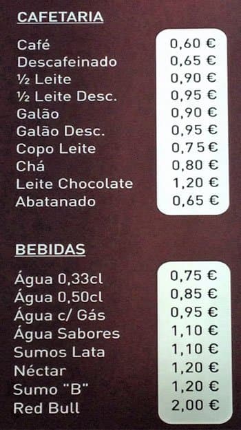Menu at Lisbonne Caffé cafeteria, Lisbon