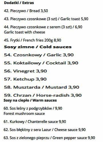 Menu at Irish Pub Dublin, Szczecin