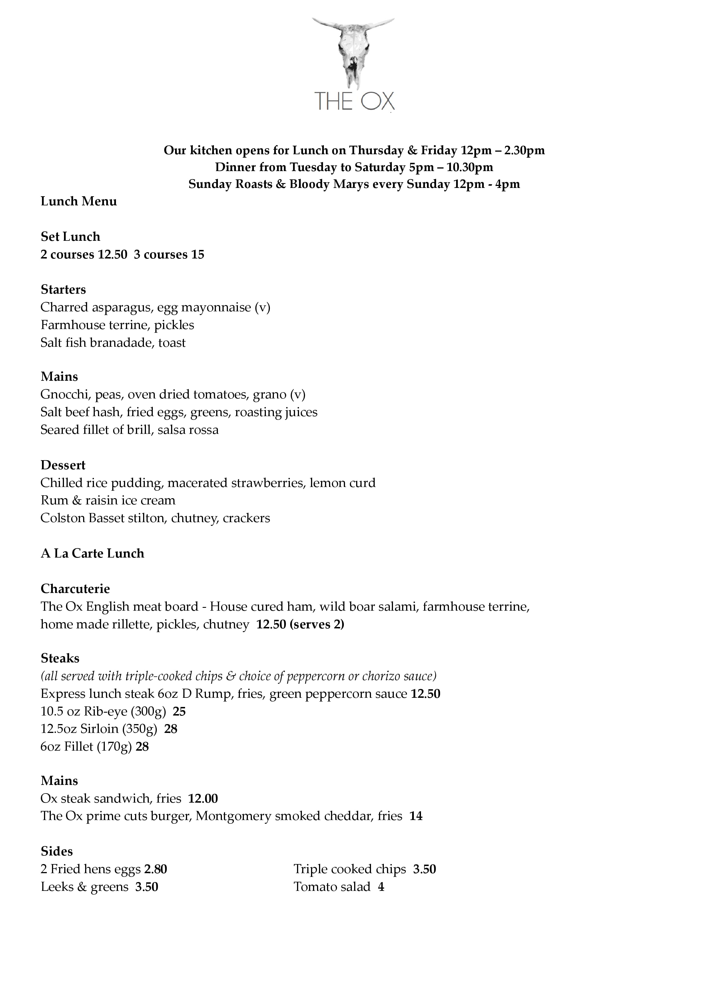 Menu at The Ox steakhouse, Bristol, The Basement