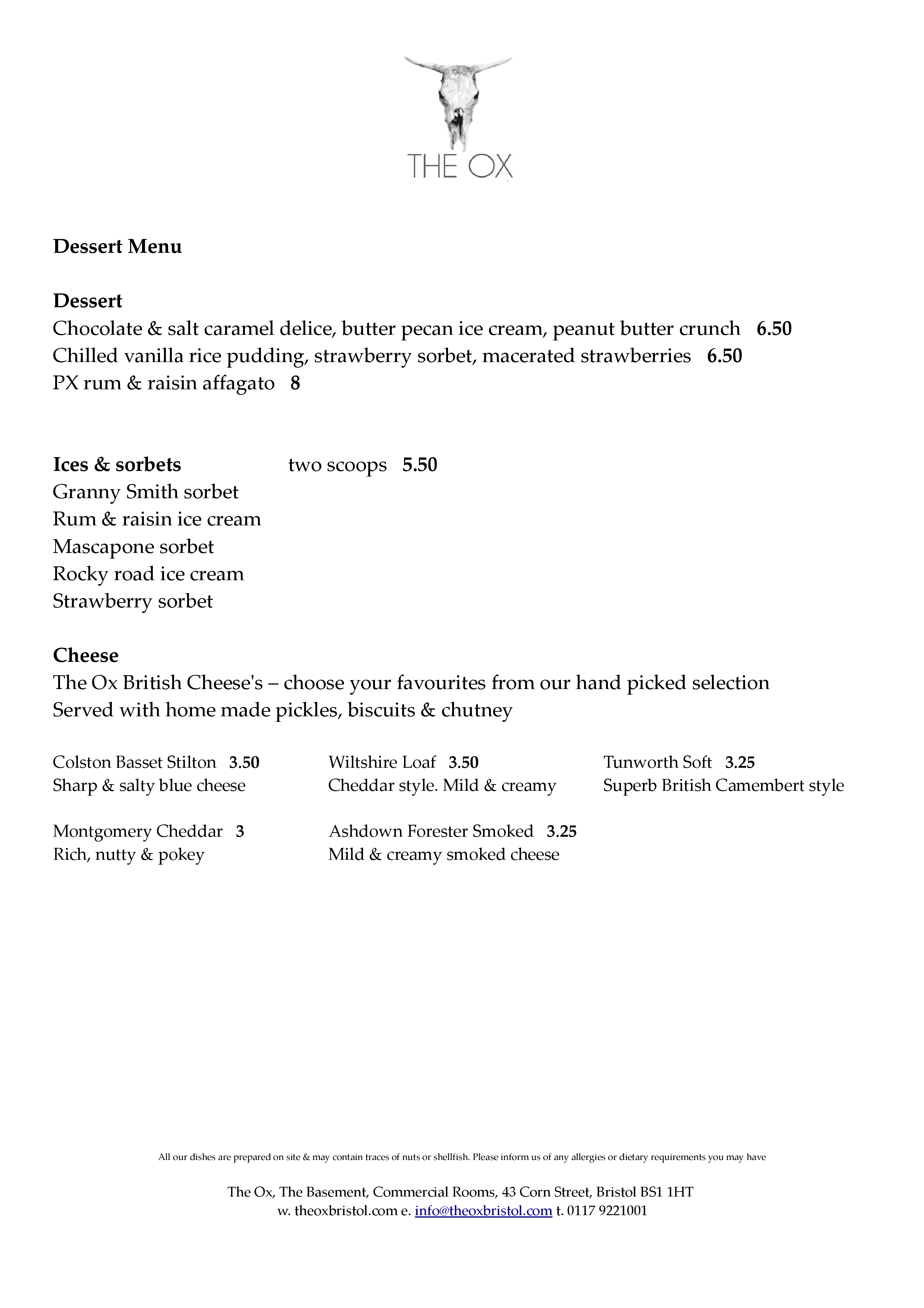 Menu at The Ox steakhouse, Bristol, The Basement