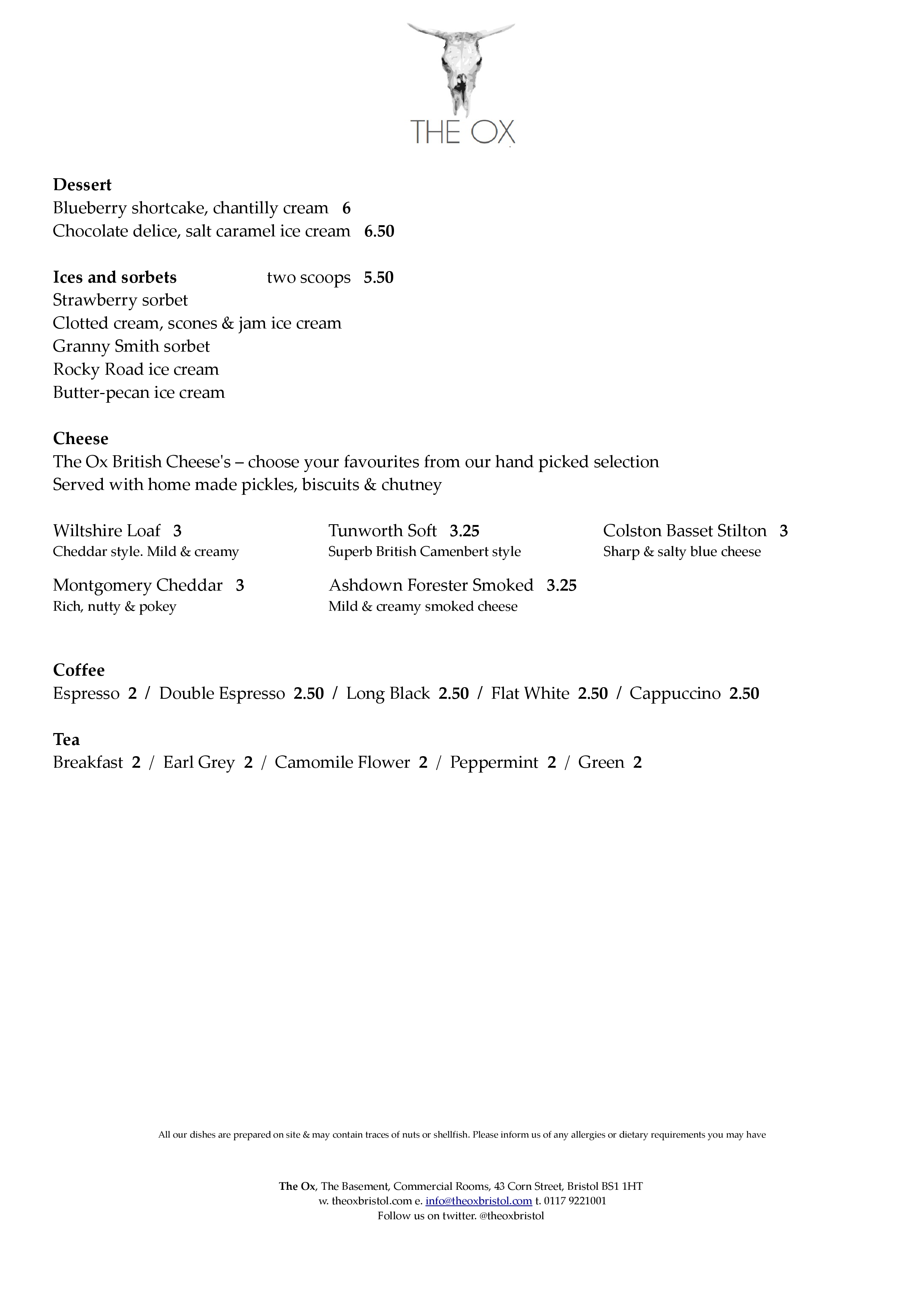 Menu at The Ox steakhouse, Bristol, The Basement