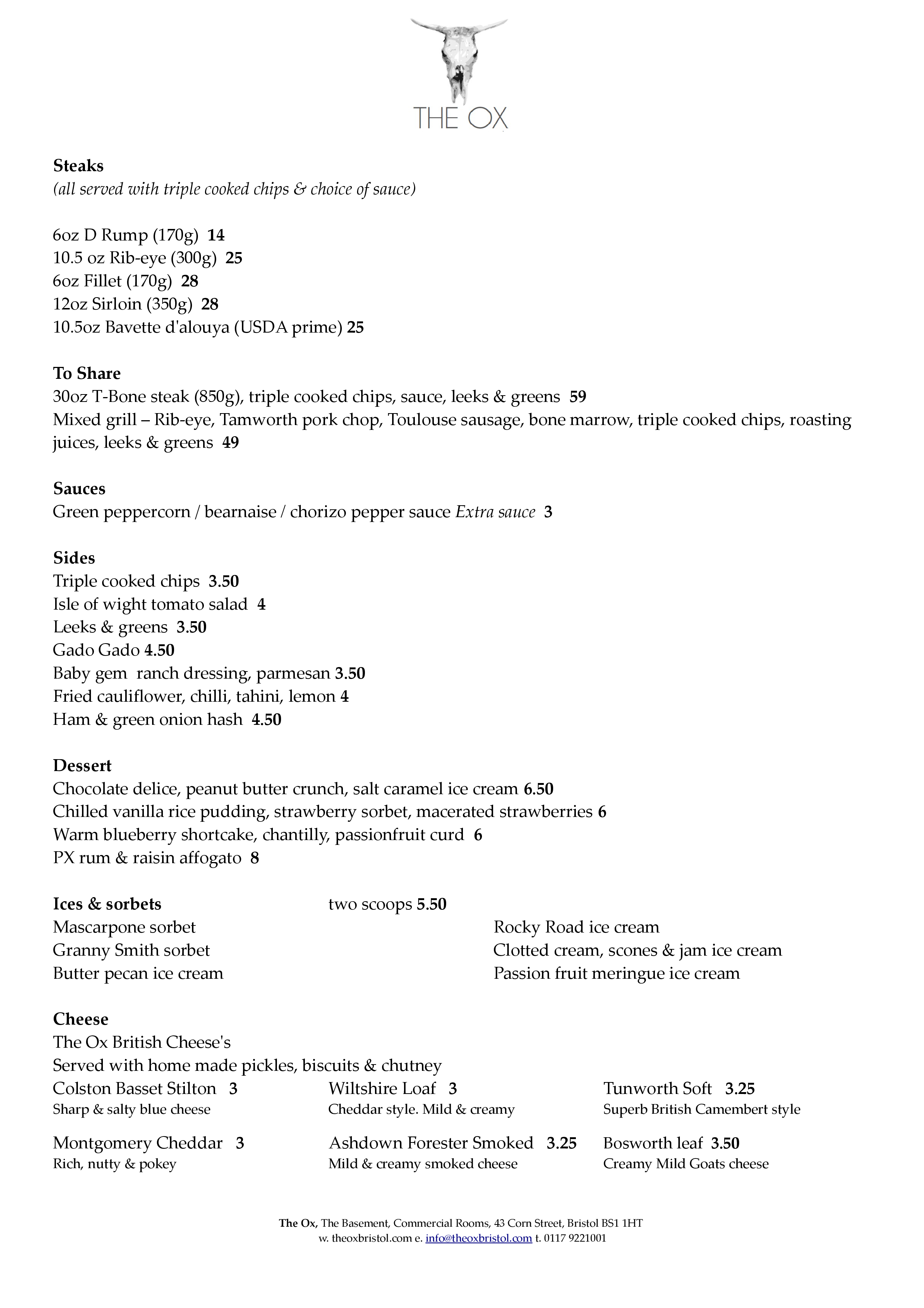 Menu at The Ox steakhouse, Bristol, The Basement