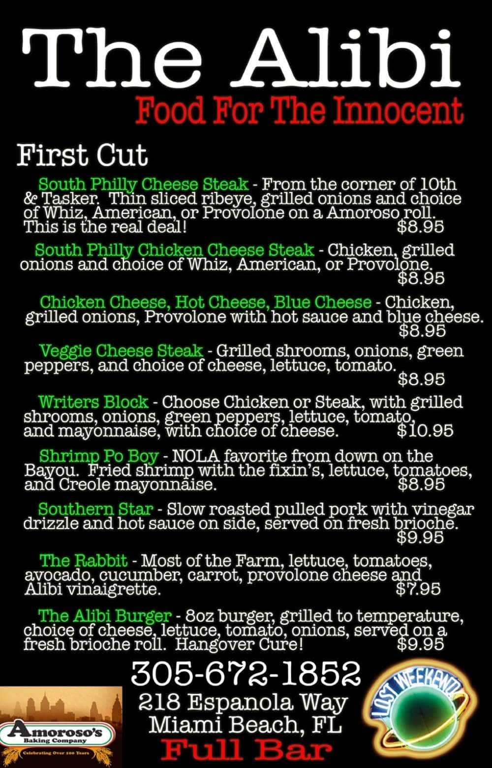 Menu at The Alibi pub & bar, Miami Beach, 218 Española Way