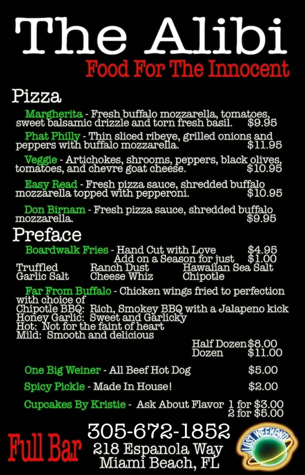 Menu at The Alibi pub & bar, Miami Beach, 218 Española Way