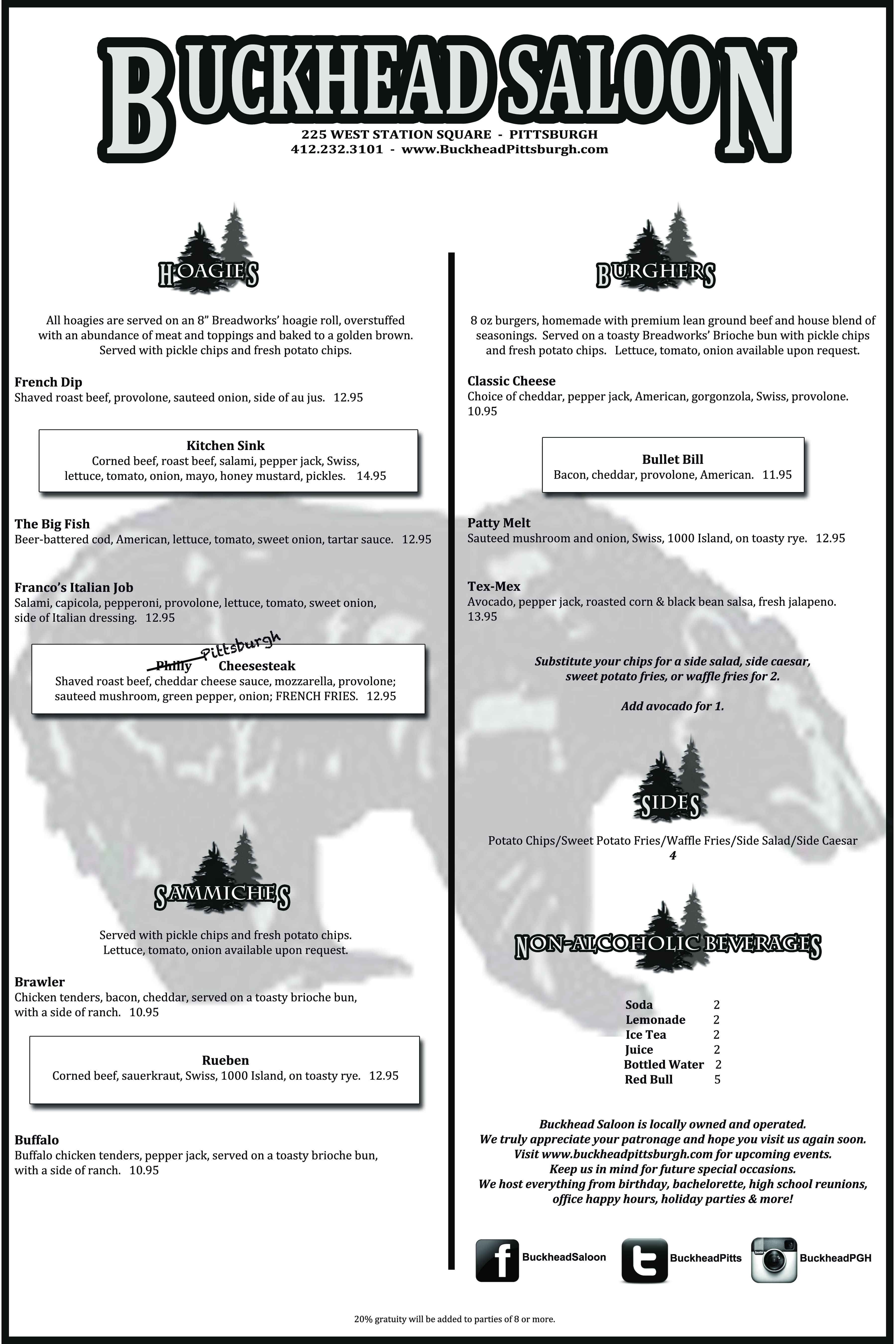 Menu at Buckhead Saloon pub & bar, Pittsburgh