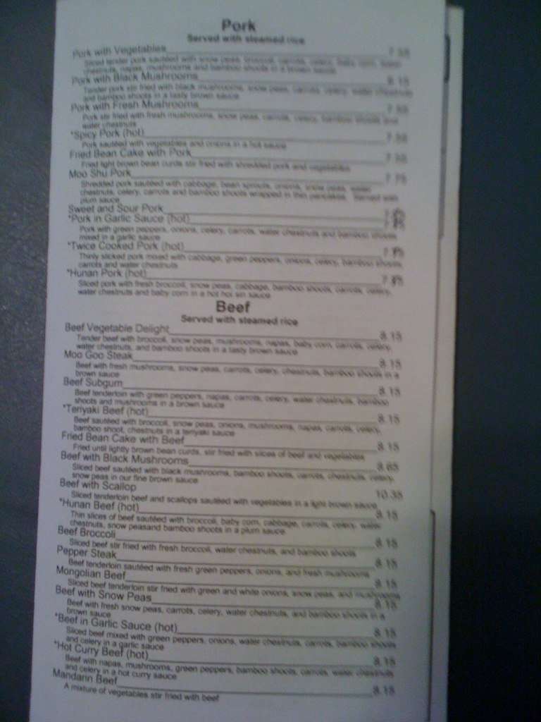 Menu at Peking Inn restaurant, Byron Center