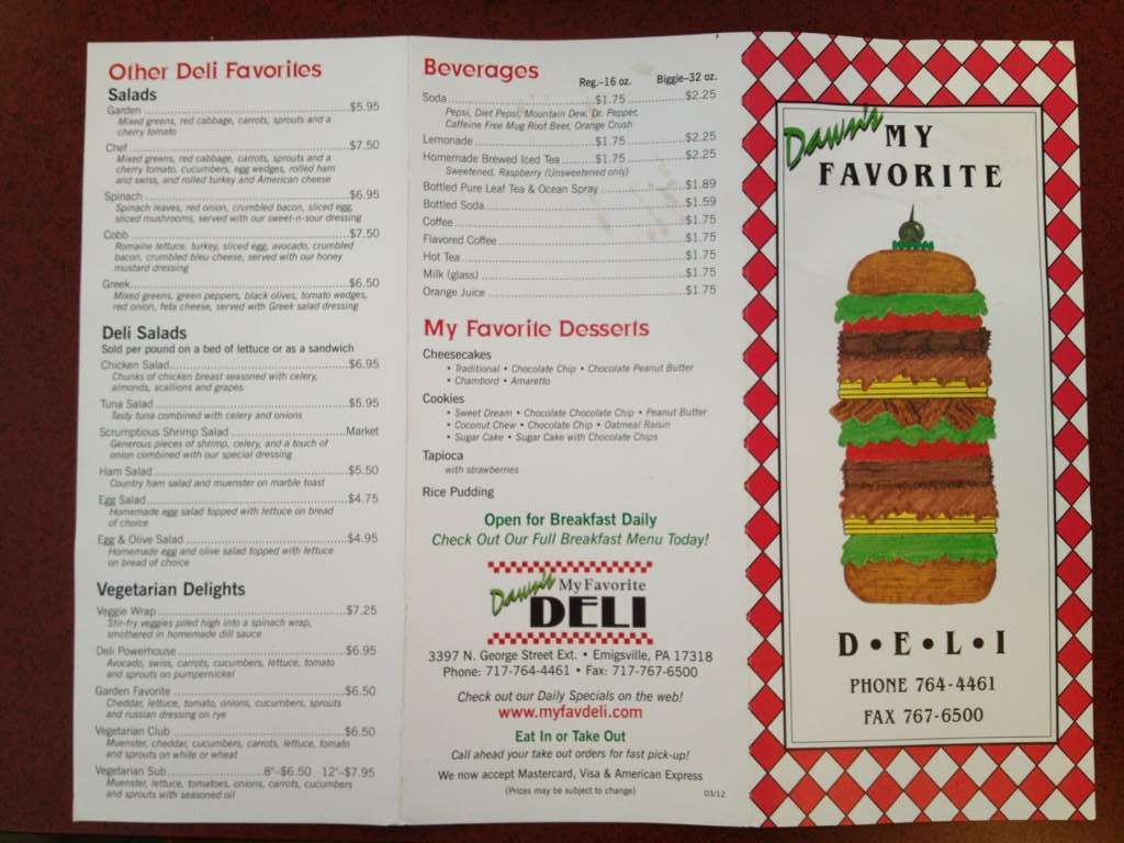Menu at My Favorite Deli restaurant, Emigsville