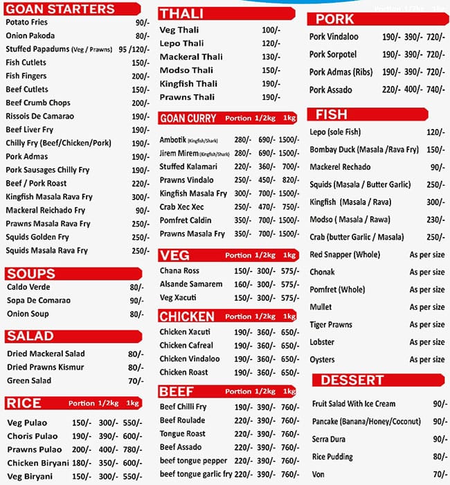 Menu at The Goan Fest, Cavelossim