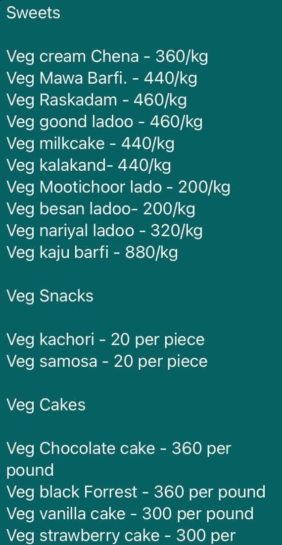 Menu of Devraj Sweets, Digha Ghat, Patna