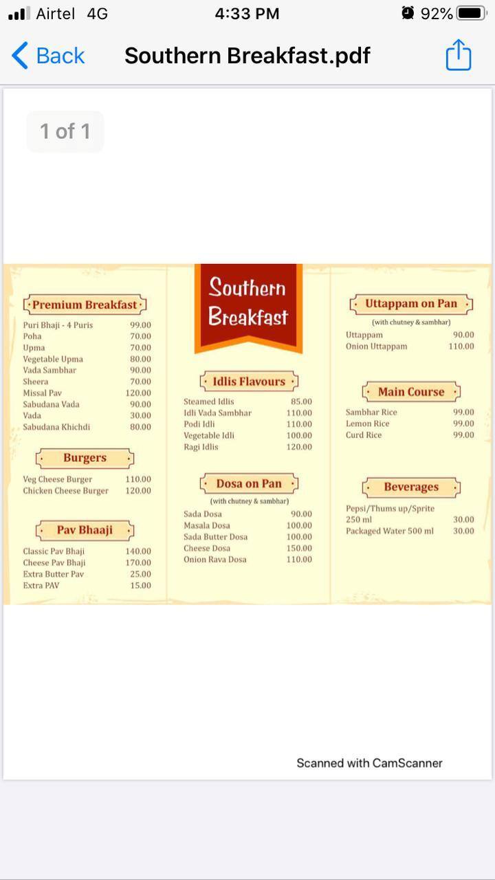 Menu of Southern Breakfast, Sakinaka, Mumbai