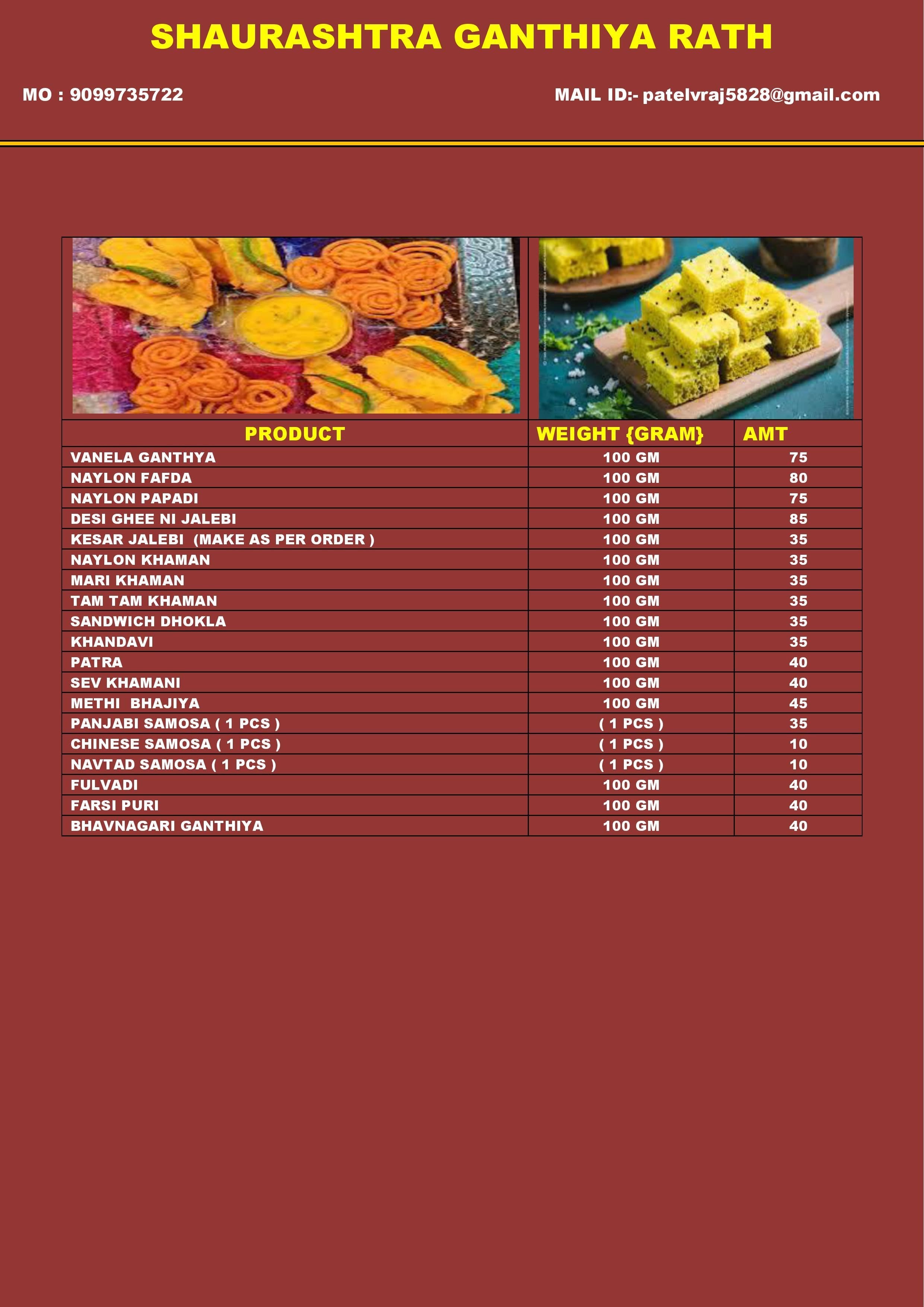 Menu of Saurashtra Gathiya Rath, Ranip, Ahmedabad