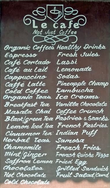 Menu of Le Cafe, White Town, Puducherry