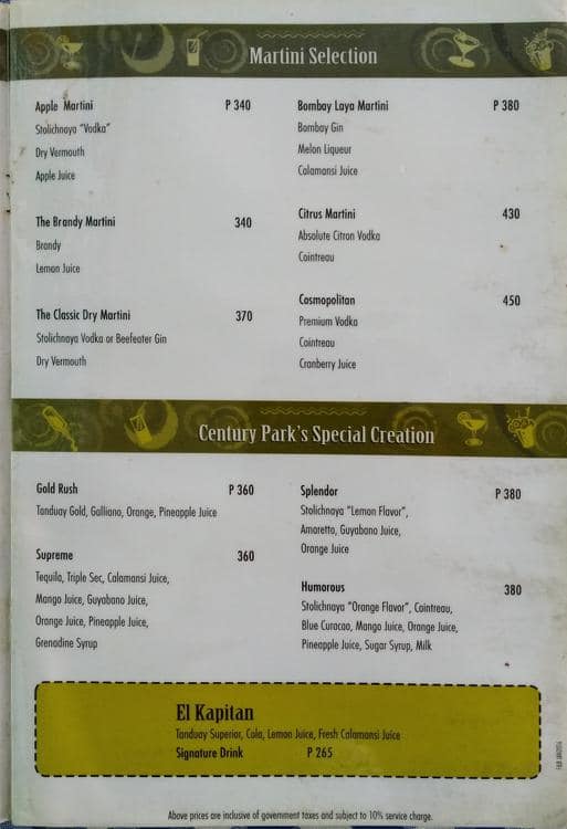 Menu at Atrium Lounge-Century Park Hotel pub & bar, Manila