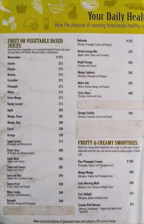 Menu at Atrium Lounge-Century Park Hotel pub & bar, Manila