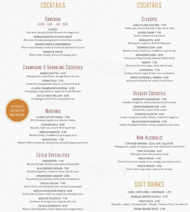 Menu at Bar Estilo, Birmingham