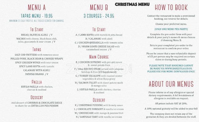 Menu at Bar Estilo, Birmingham