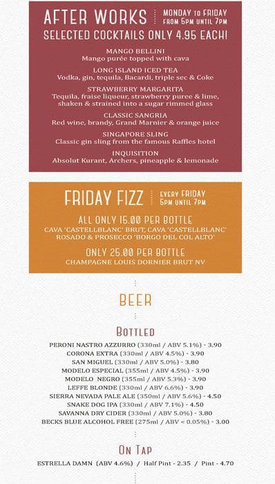 Menu at Bar Estilo, Birmingham