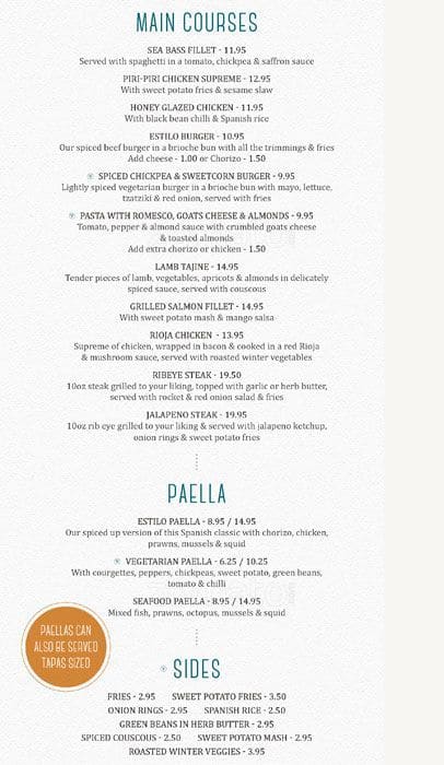 Menu at Bar Estilo, Birmingham