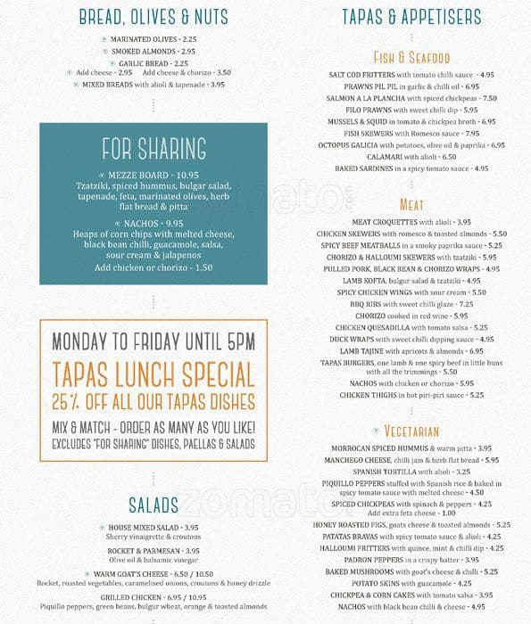 Menu at Bar Estilo, Birmingham