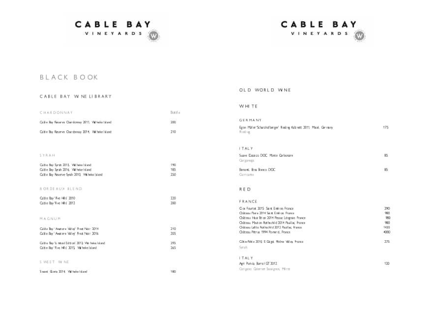 Menu at Cable Bay Vineyards pub & bar, Auckland