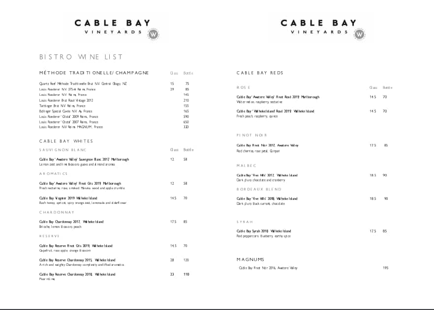 Menu at Cable Bay Vineyards pub & bar, Auckland