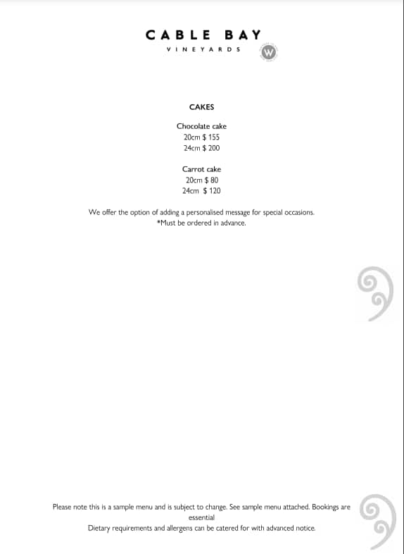 Menu at Cable Bay Vineyards pub & bar, Auckland