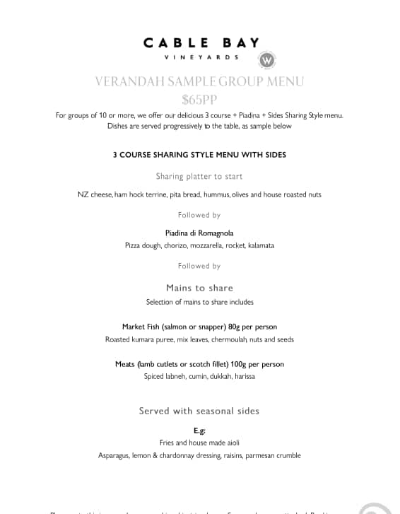 Menu at Cable Bay Vineyards pub & bar, New Zealand