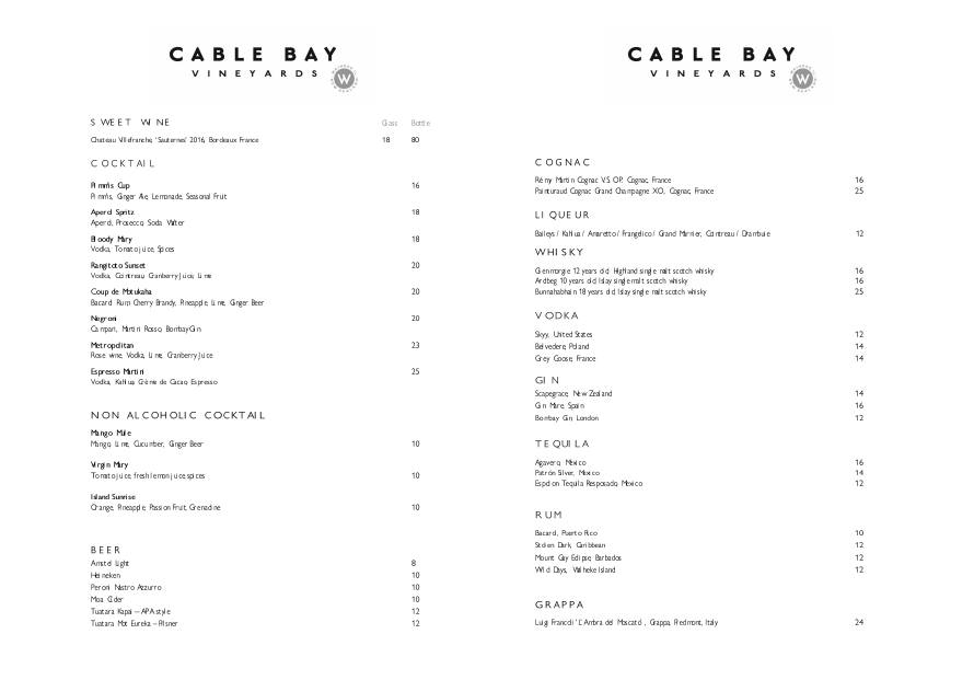 Menu at Cable Bay Vineyards pub & bar, New Zealand
