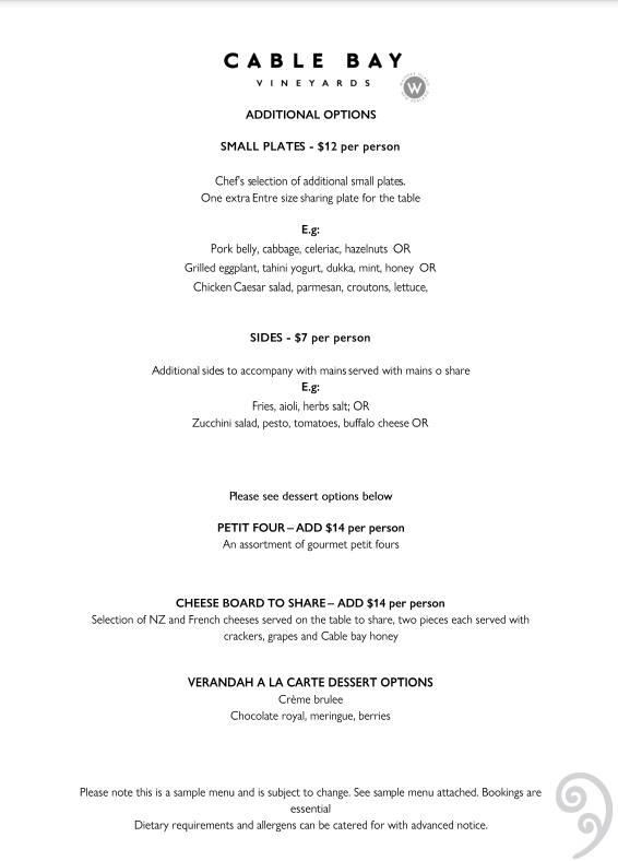 Menu at Cable Bay Vineyards pub & bar, Auckland