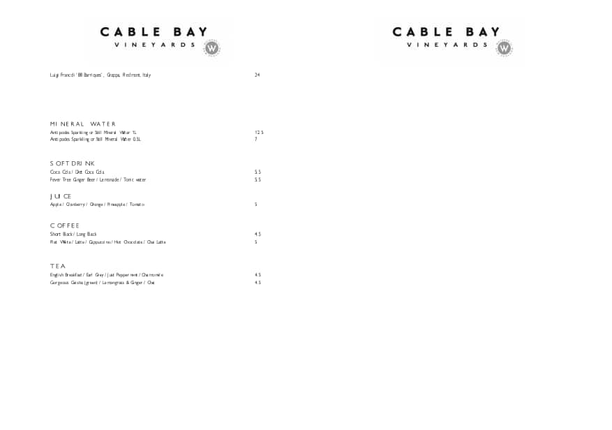 Menu at Cable Bay Vineyards pub & bar, Auckland