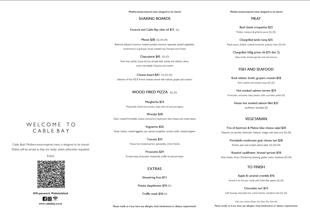 Menu at Cable Bay Vineyards pub & bar, Auckland