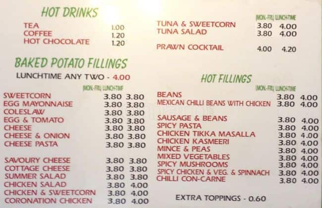 Menu at Mr Hot Potato fast food, Edinburgh