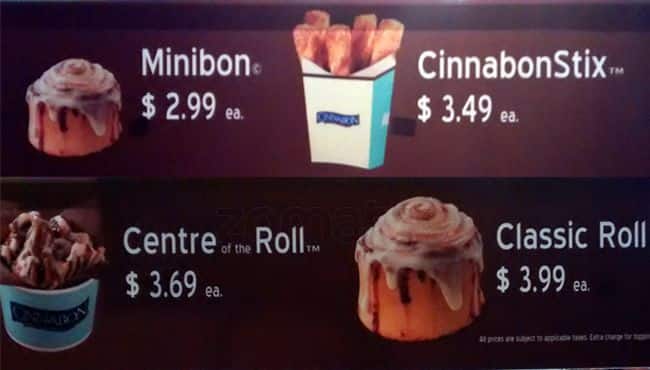 Menu at Cinnabon desserts, Oshawa